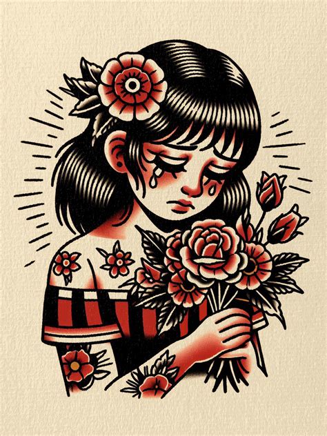 Bouquet Girl Traditional Tattoo Print Etsy Conception De Tatouage