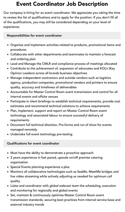 Event Coordinator Job Description | Velvet Jobs