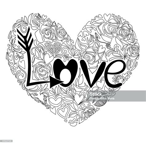 발렌타인 데이 엽서 장미 모노그램 잎의 심장이 검은 윤곽선에 들어있습니다 문자 단어 사랑은 검은 색으로 그려집니다 흰색 배경에 격리 된 낙서 스타일의 스톡 벡터 그림 검은