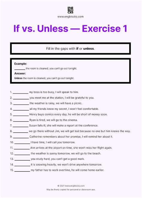 If Vs Unless Conditional Sentences Worksheet