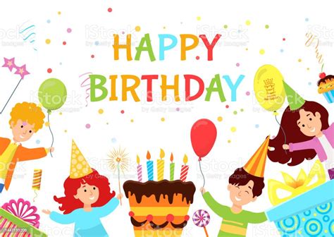 쾌활한 초대 배너 생일 축하 카드 어린이 캐릭터 함께 휴일 파티 출산 케이크 평면 벡터 삽화를 축하합니다 개념에 대한 스톡 벡터