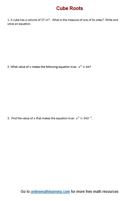 Cube Root Worksheets Printable Online Answers Examples
