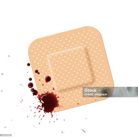 사각형 접착 붕대 벡터 일러스트레이션에 피가 떨어집니다 베이지 색 고무 밴드 에이드에 현실적인 3d 떨어지는 붉은 피 묻은 물방울 흰색에 고립 된 상처 및 피부 손상에 대한