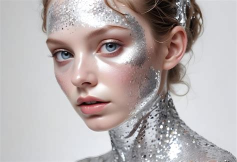 A Model With Silver Glitter On Her Face And A Silver Glitter Mask