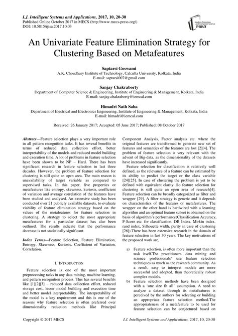 Pdf An Univariate Feature Elimination Strategy For Clustering Based