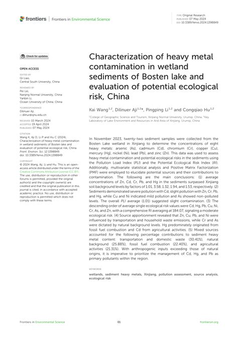 Pdf Characterization Of Heavy Metal Contamination In Wetland Sediments Of Bosten Lake And
