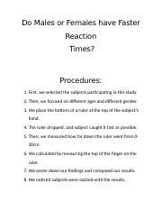MALES FEMALES REACTION TIME Docx Do Males Or Females Have Faster Reaction Times Procedures