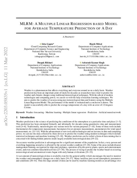 Pdf Mlrm A Multiple Linear Regression Based Model For Average