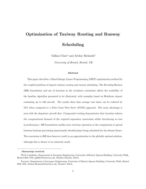 Pdf Optimization Of Taxiway Routing And Runway Scheduling