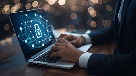 Employee Confidentiality Concept Businessman Use Laptop To Access Documents Data With Padlock