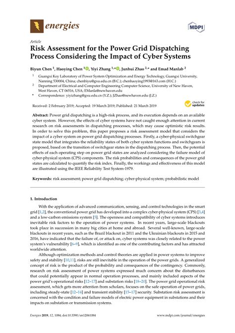 Pdf Risk Assessment For The Power Grid Dispatching Process Considering The Impact Of Cyber Systems