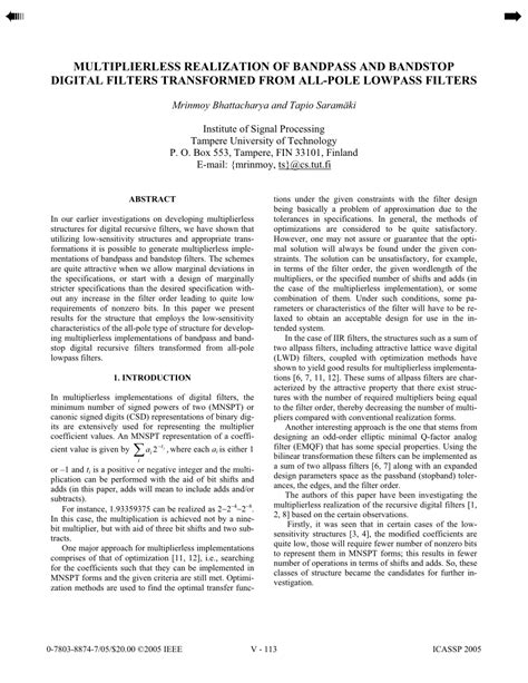 Pdf Multiplierless Realization Of Bandpass And Bandstop Digital Filters Transformed From All