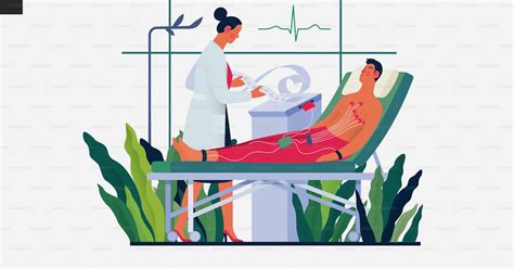 의료 테스트 템플릿 심전도 테스트 심전도 절차의 현대 평면 벡터 개념 디지털 그림 절차 의료 사무실 또는 실험실을 수행하는 센서 및 의사가 있는 환자 벡터