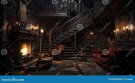 Haunted House Spooky Interior With Creaky Staircase In Dilapidated