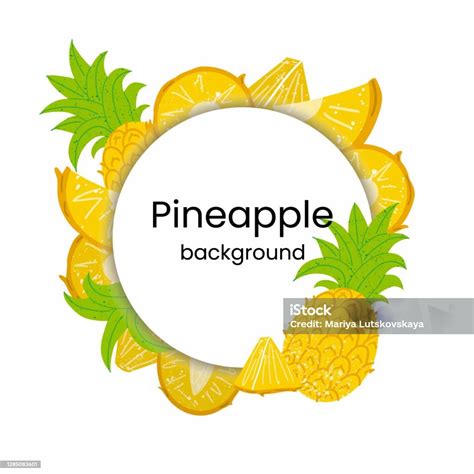 파인애플 신선한 열대 과일 배너 만화 라운드 컬러 벡터 테두리 디자인 메뉴 요리 책 카드 포스터에 대한 원 프레임 흰색 배경에 격리된 그림 0명에 대한 스톡 벡터 아트 및