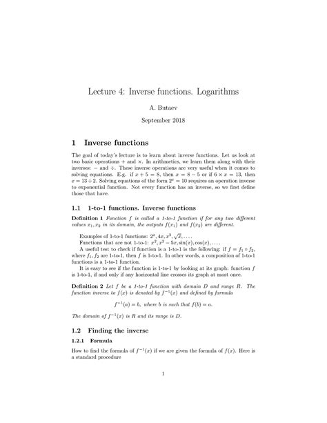 Lecture 4 Notes Inverse Functions And Logarithms Lecture 4 Inverse Functions Logarithms A