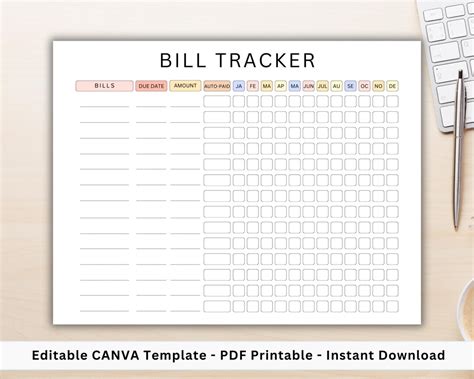 Monthly Bill Log Editable Bill Planner Bill Pay Organizer Bill Payment Log Expense Bill