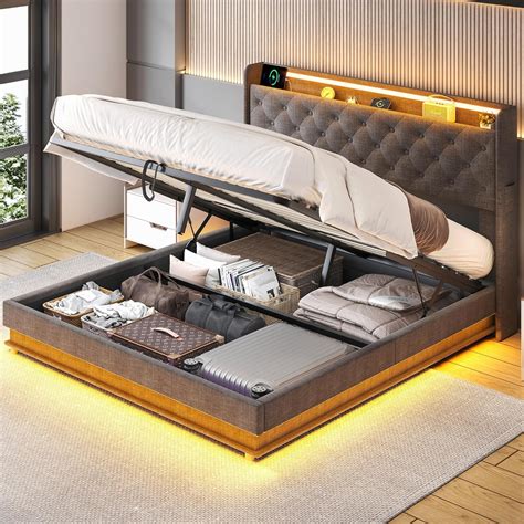 Lift Up Storage Queen Bed Frame With Headboard Upholstered Platform