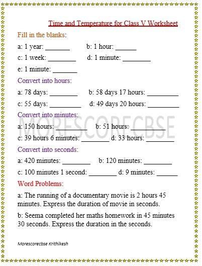 Time And Temperature Class 5 Worksheet With Answers Time Worksheets