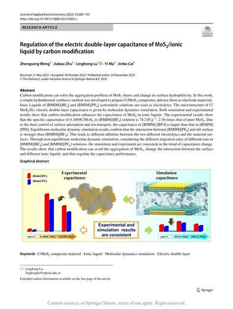 Regulation Of The Electric Double Layer Capacitance Of Mos2 Ionic Liquid By Carbon Modification
