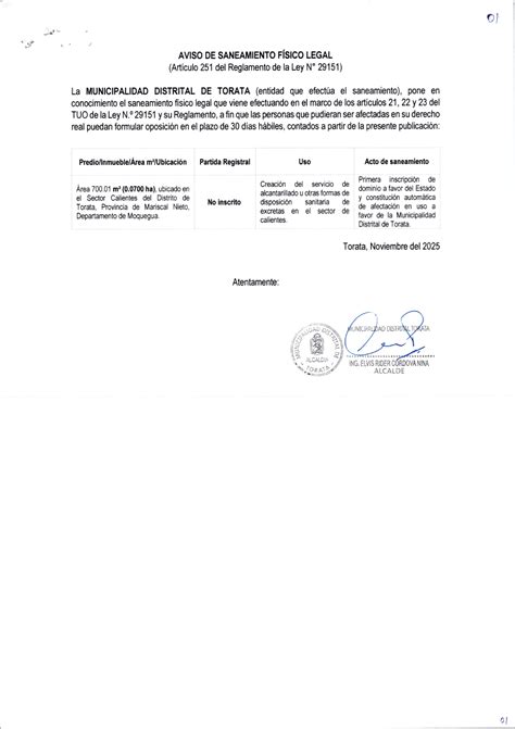 Aviso De Saneamiento Fisico Legal Municipalidad Distrital De Torata