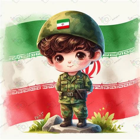 بک گراند کودکانه پسر کوچولوی مو فرفری با لباس ارتشی و پرچم ایران کد