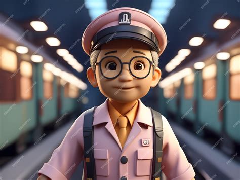 Premium Photo Tiny Cute Isometric Soft Smooth Lighting 3d Render Train Conductor