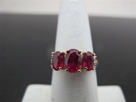 Synthetic Ruby Trio And Diamond Accent 14k Yellow Gold Cocktail Ring Etsy