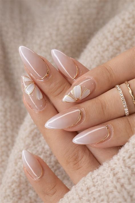 Elegant Nude Almond Nails With Gold Lines Minimal Luxury Nail Art