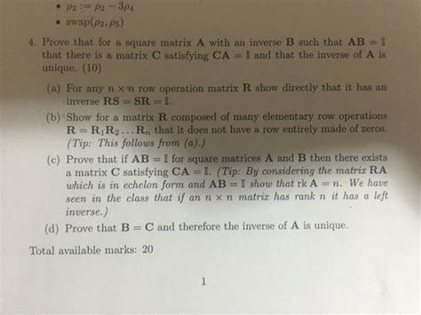 Solved Prove That For A Square Matrix A With An Inverse B