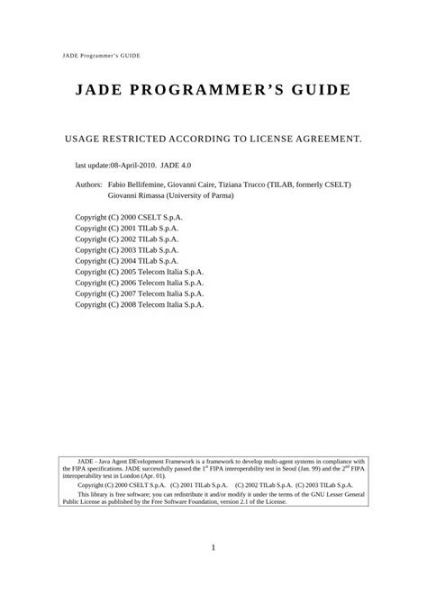 Pdf Jade Programmers Guide · Jade Java Agent Development Framework Is A Software