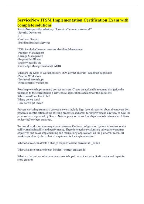 Servicenow Itsm Implementation Certification Exam With Complete Solutions Servicenow Itsm