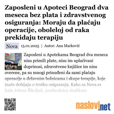 Zaposleni U Apoteci Beograd Dva Meseca Bez Plata I Zdravstvenog