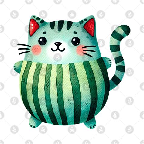 Cute Kawaii Watermelon Cat Funny Watercolor Art Kawaii Cat T