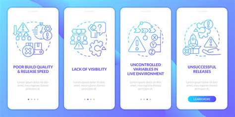 릴리스 관리의 문제점 파란색 그라데이션 온보딩 모바일 앱 화면 개발에 대한 스톡 벡터 아트 및 기타 이미지 개발 그래픽