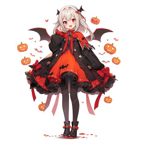 Premium Ai Image Anime Girl In A Red Dress With Bats And Pumpkins