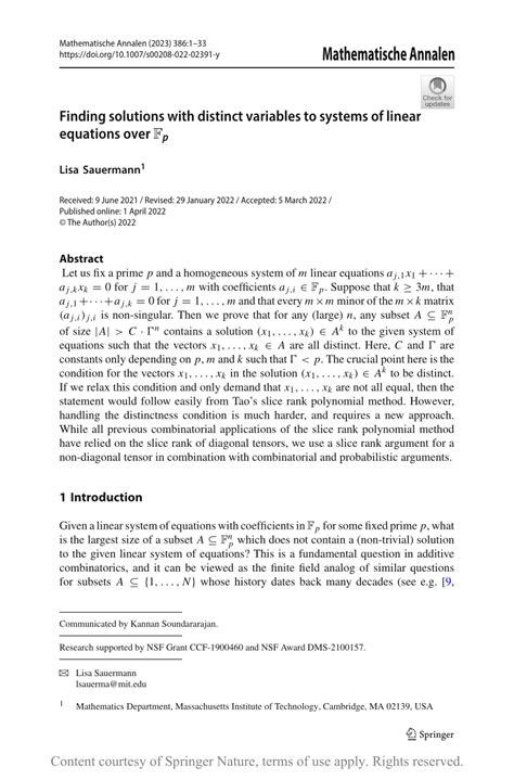 Pdf Finding Solutions With Distinct Variables To Systems Of Linear Equations Over Mathbb F P