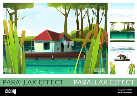 Floating House On Lake Set Of Slides Create Parallax Image Layer Cartoon Style Isolated On