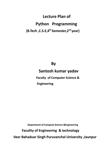 Lecture Plan Of Python Class Lecture Plan Of Python Programming B C