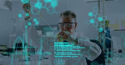 Image Of Scientific Data Processing Over Caucasian Male Scientist In