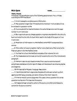 MLA Citations Study Guide Questions Practice And T And F Quiz With Answer Keys