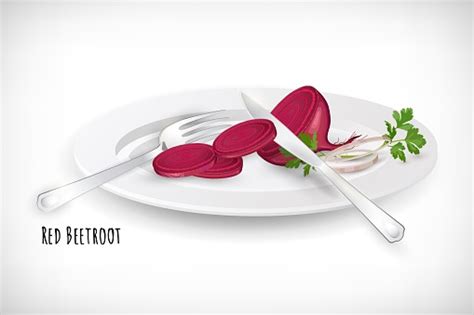 흰색 접시에 포크와 칼을 곁들인 파슬리가 있는 붉은 비트 뿌리와 양파 링을 얇게 썬 반쪽 손으로 그린 벡터 이미지입니다 비트