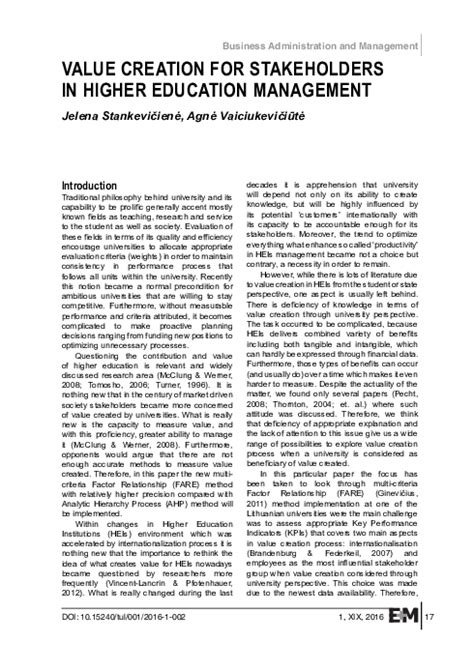 Pdf Value Creation For Stakeholders In Higher Education Management