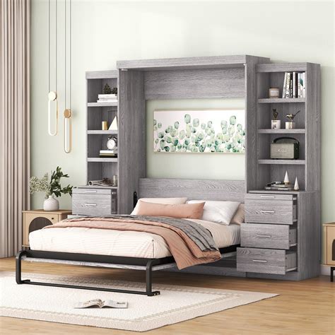 Wooden Full Size Murphy Bed With Storage Shelves And