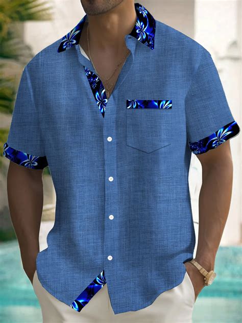 Royaura® Vintage Gradient Floral Print Mens Button Pocket Short Sleeve