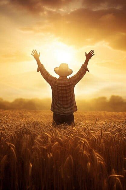 Un Hombre De Pie En Un Campo De Trigo Con Los Brazos Levantados Foto Premium