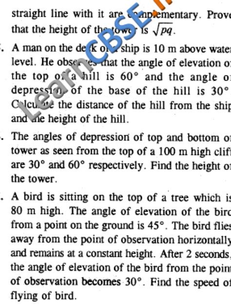 Some Applications Of Trigonometry Cbse Class 10 Maths Hots Merit Batch