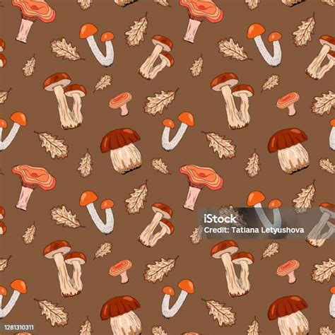 단풍 나무 잎과 버섯매끄러운 패턴 갈색 배경에 그려진 손 직물 인쇄 부엌 직물 포장지 벽지 직물 스크랩 북 벡터 그림입니다 10