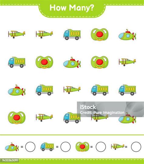 계산 게임 얼마나 많은 트럭 비행기 잠수함 그리고 젖꼭지 교육 어린이 게임 인쇄 가능한 워크 시트 벡터 일러스트 레이 션 0명에 대한 스톡 벡터 아트 및 기타 이미지