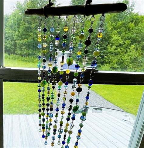 Crystal Glass Bead Driftwood Suncatcher Boho Beaded Window Decor